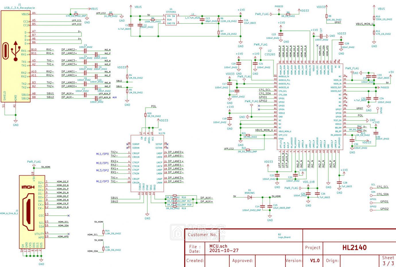USB-C母座正反插转HDMI 4K60HZ拓展坞CS5265+VL170方案设计电路图 - 电子学堂 数码之家